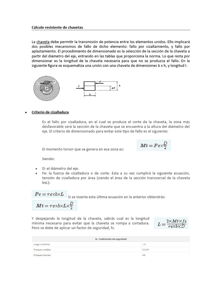 Cálculo resistente de chavetas | PDF | Engranaje | Esfuerzo cortante Cálculo resistente de chavetas | PDF | Engranaje | Esfuerzo cortante
