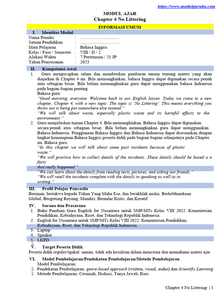 Modul Ajar Bahasa Inggris Fase D Kelas 8 Chapter 4 | PDF
