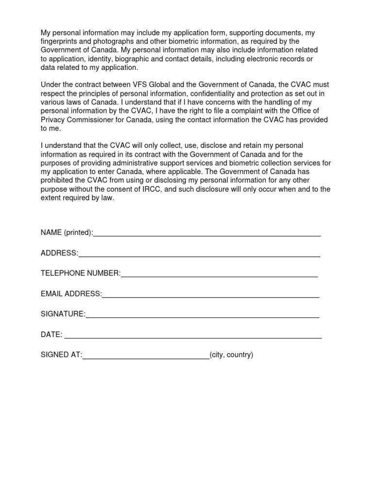 VFS Consent Form for Canada Visa Application | PDF