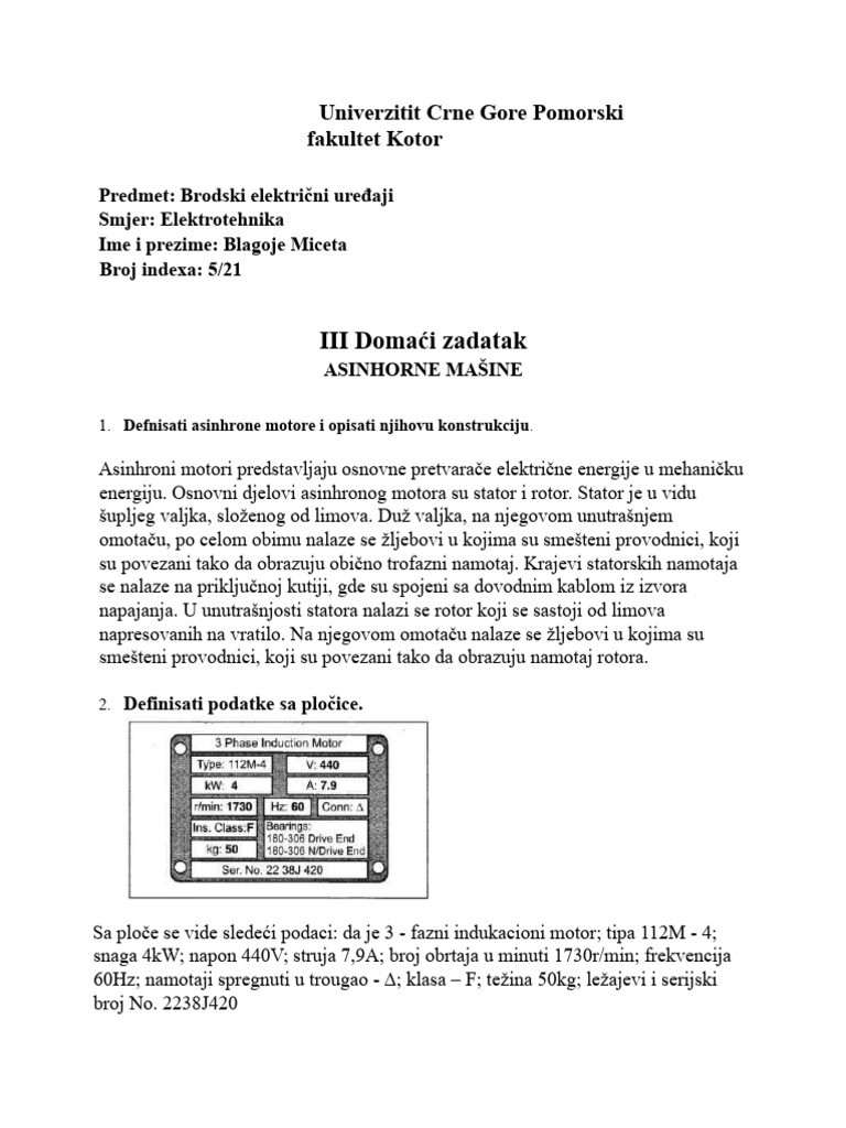 BEU - IV Domaći Asinhroni Masine | PDF