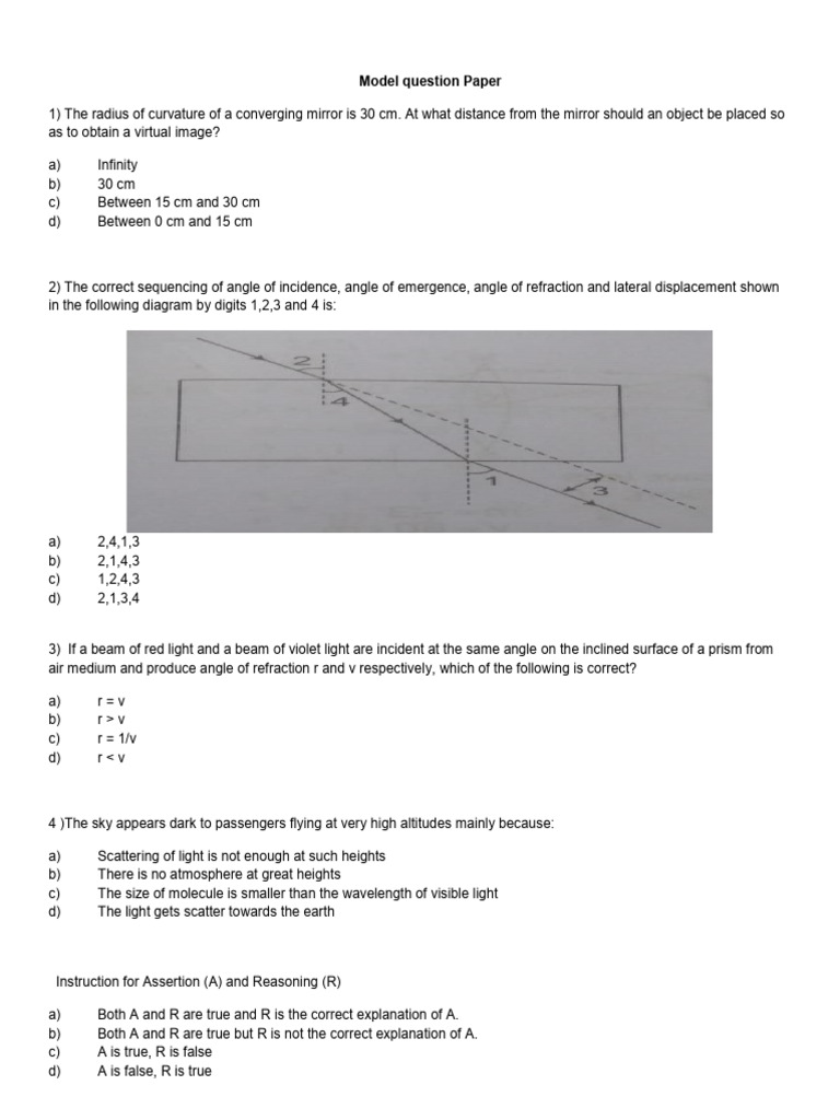 10 Model Question Paper | PDF | Mirror | Refraction