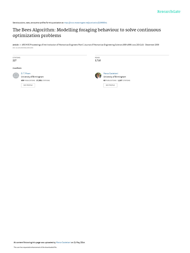 The Bees Algorithm Modelling Foraging Behaviour To Solve Continuous Optimization Problems Pdf