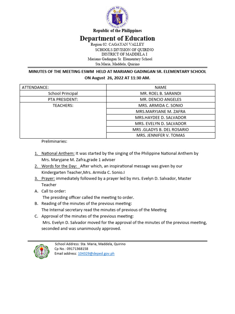 Minutes of The Meeting Eswm | PDF