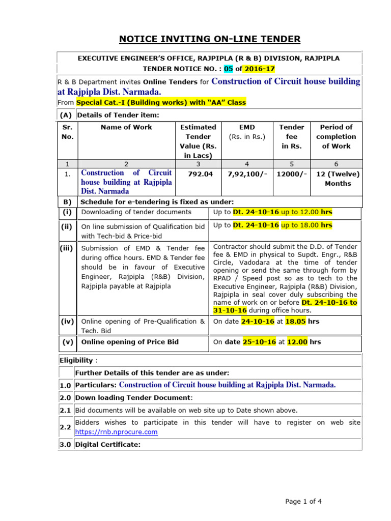 E Tender Notice - New Circuit House Rajpipla | PDF | Public Key ...