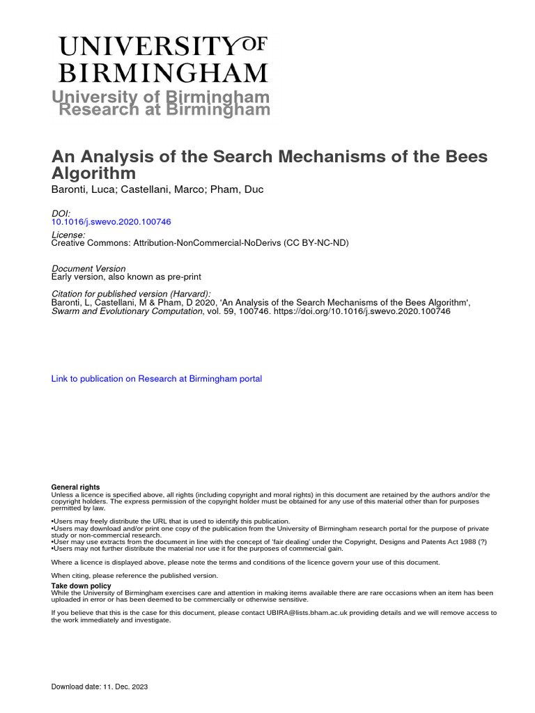 An Analysis of The Search Mechanisms of The Bees Algorithm | PDF | Mathematical Optimization ...
