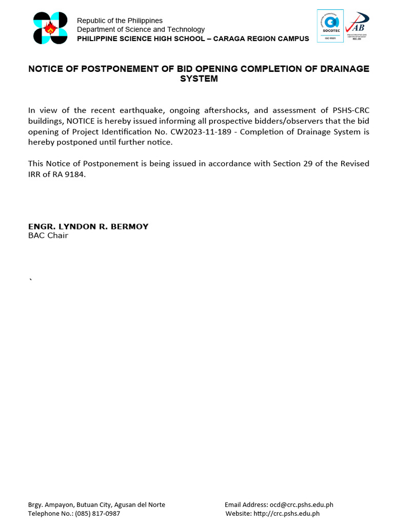 Notice of Postponement | PDF | Science & Mathematics