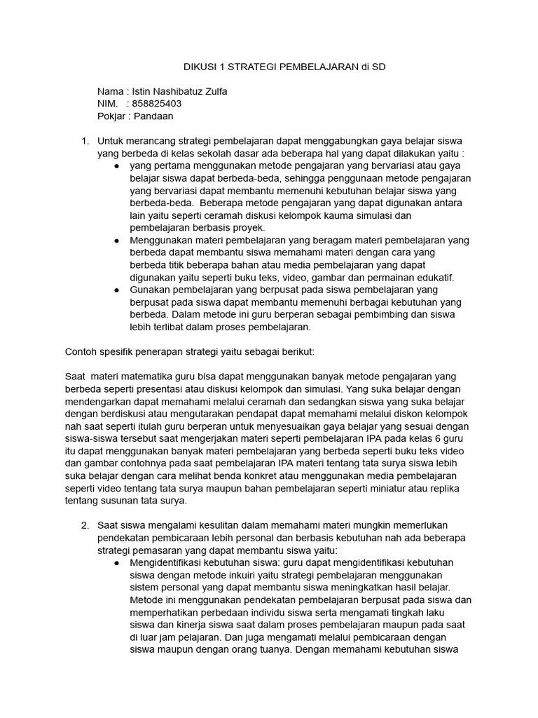 Tugas 1 Istin Nashibatuz Zulfa - 858825403 - Strategi Pembelajaran | PDF