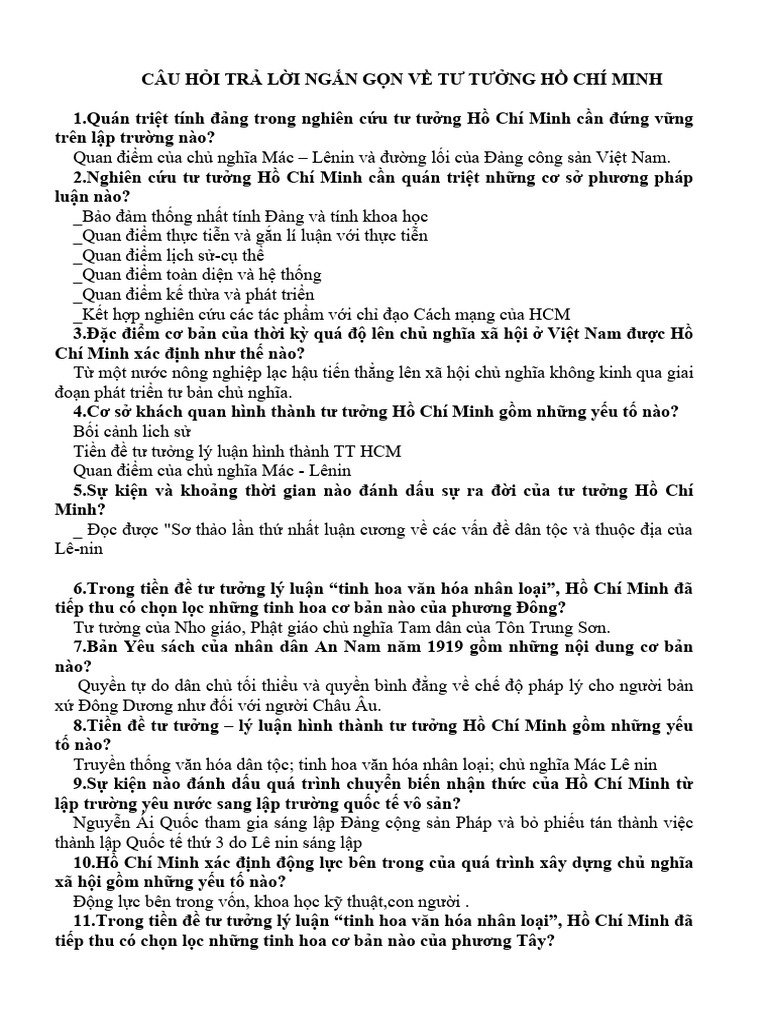 CÂU HỎI TRẢ LỜI NGẮN GỌN VỀ TƯ TƯỞNG HỒ CHÍ MINH | PDF
