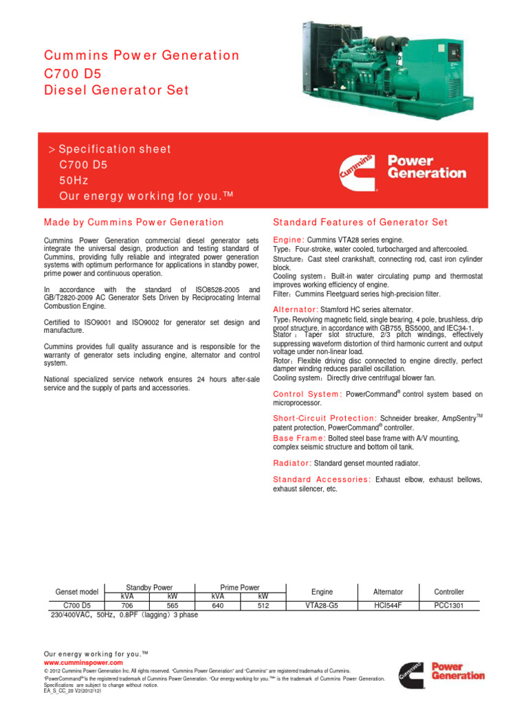Cummins Power Generation C700 D5 Diesel Generator Set: Specification ...