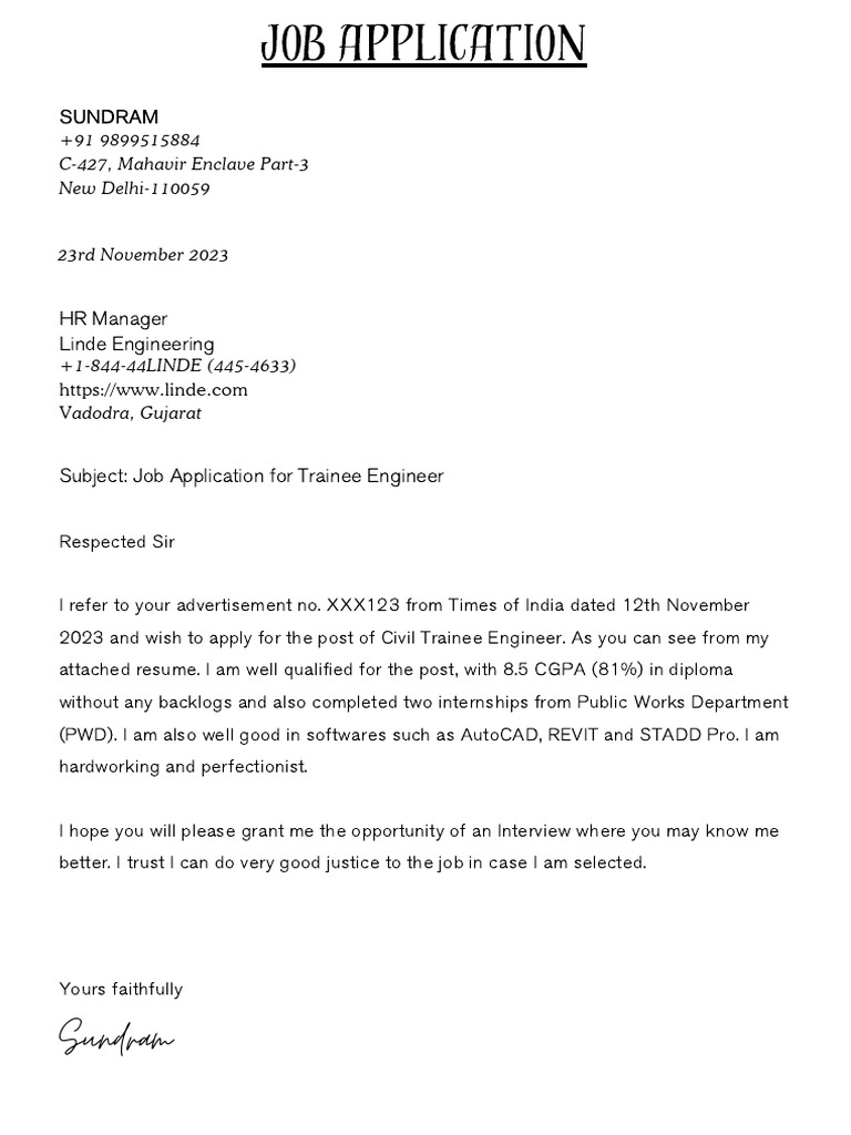 Job Application for Civil Trainee Engineer | PDF | Career & Growth
