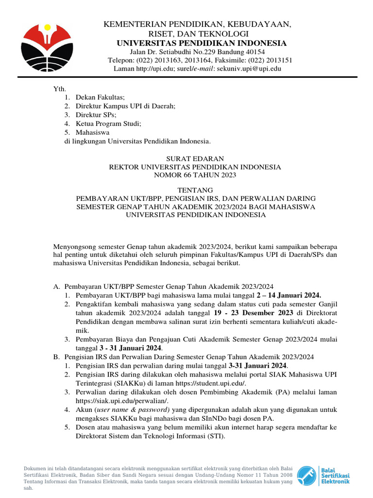 Surat Edaran UKT Semester Genap 2023-2024 | PDF