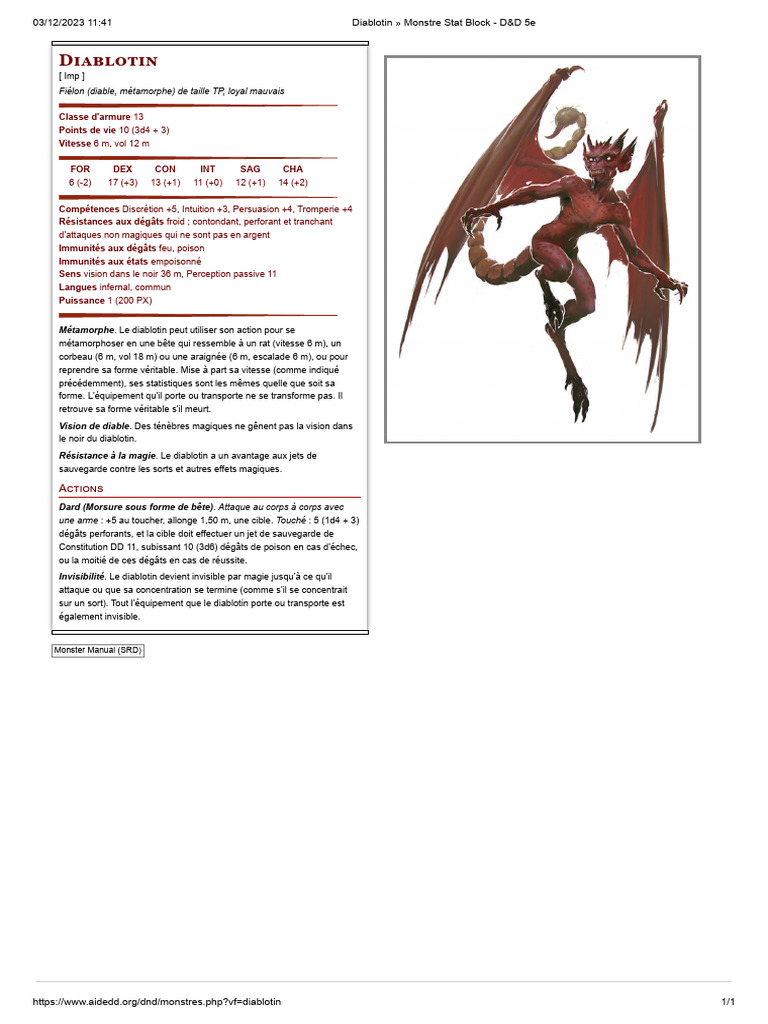 Diablotin Monstre Stat Block - D&D 5e | PDF