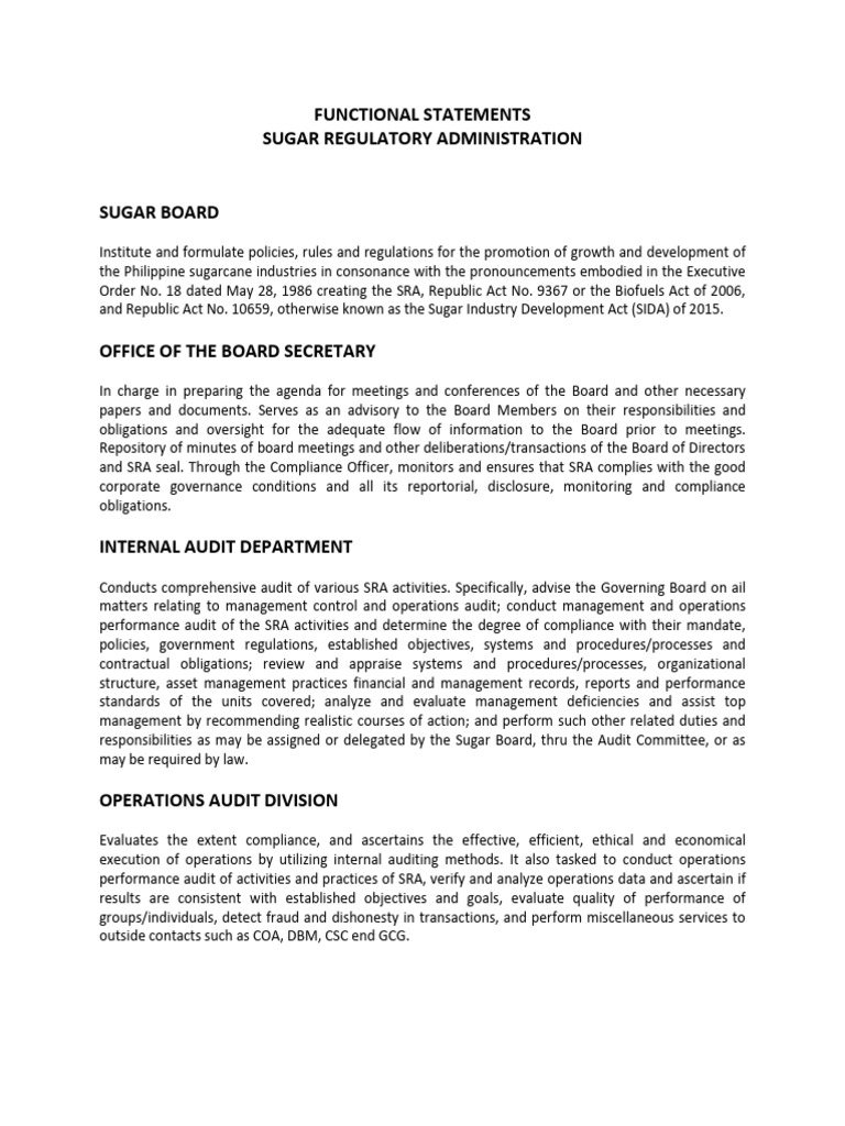 Functional Statements of Sra | PDF | Audit | Regulatory Compliance