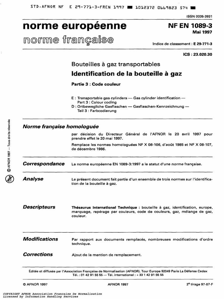 NF EN 1089-3 - Bouteilles À Gaz Transportables, Identification de La ...