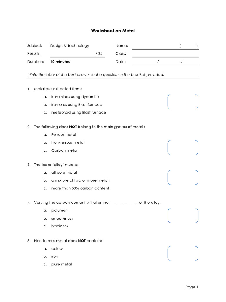 Worksheet On Metal - Student PDF | PDF | Steel | Metals