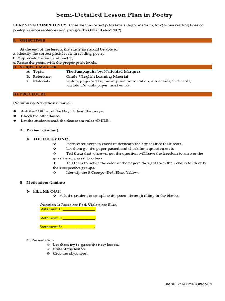 Lesson Plan: The Sampaguita Poem | PDF | Poetry | Lesson Plan