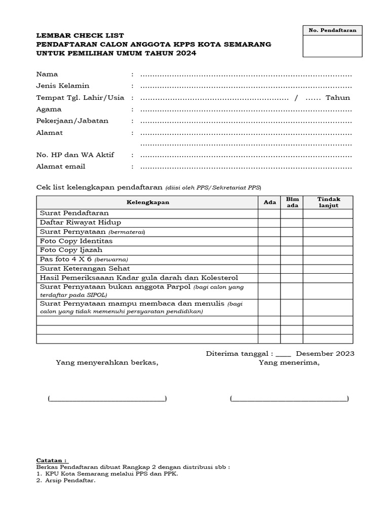 Check List Pendaftaran Calon Anggota KPPS 2024 | PDF