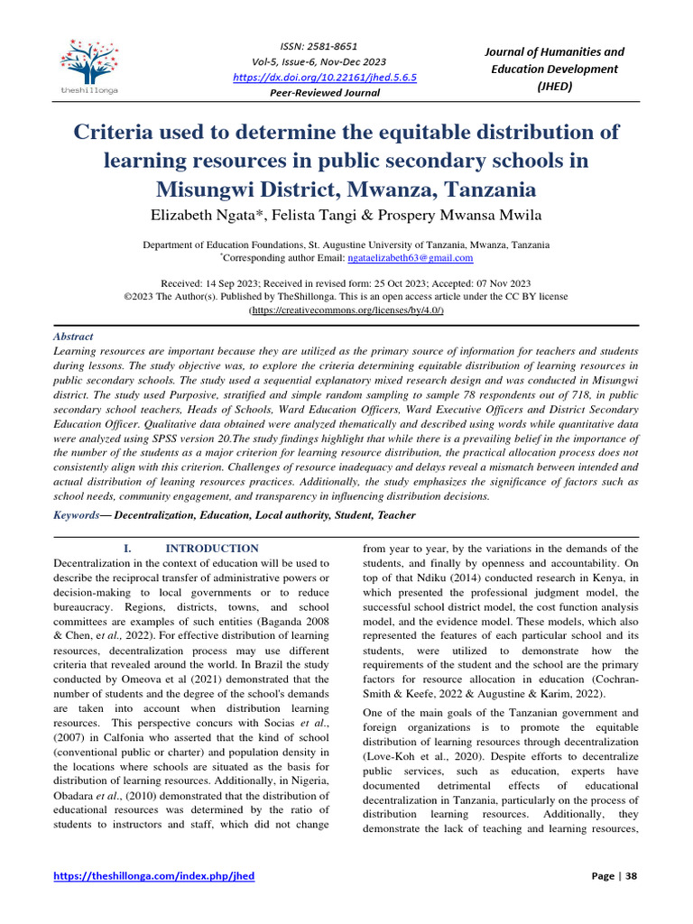 Criteria Used To Determine The Equitable Distribution of Learning ...