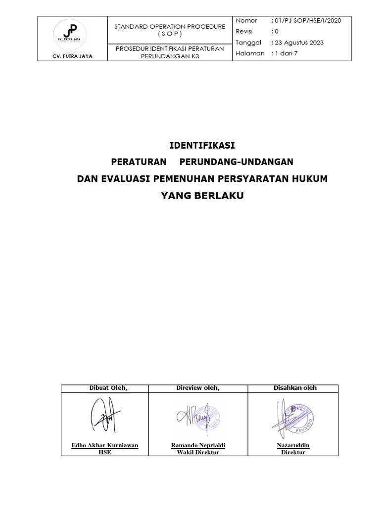 SOP Identifikasi Peraturan Perundangan k3 | PDF