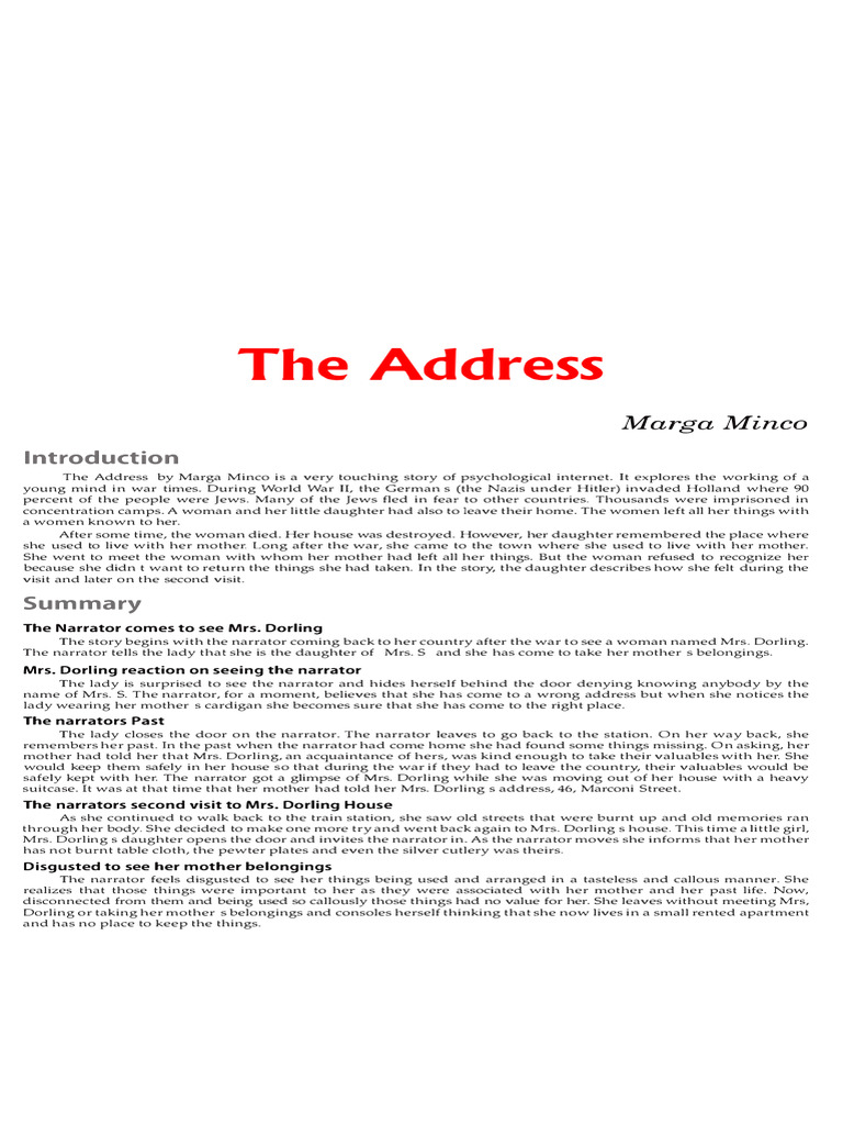The Address Important Questions | PDF