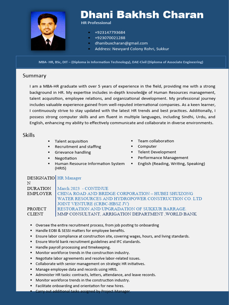 Dhani Bux Updated HR CV | PDF | Recruitment | Human Resources