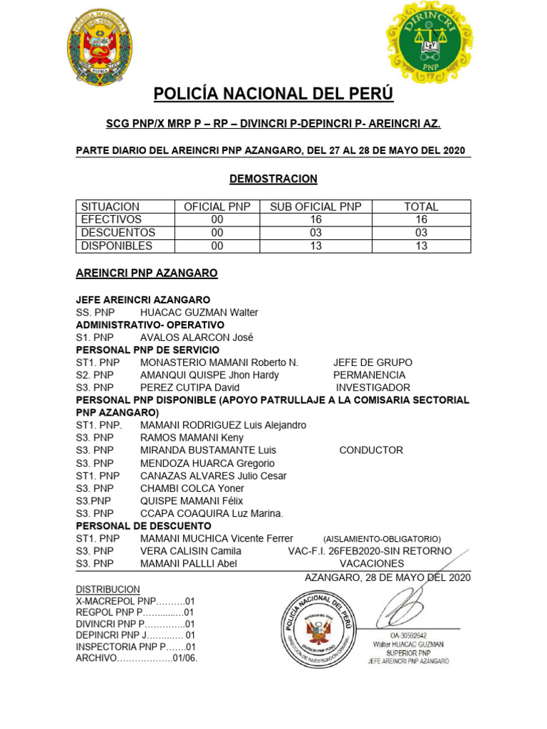 Parte Diario Del Areincri PNP Azangaro | PDF
