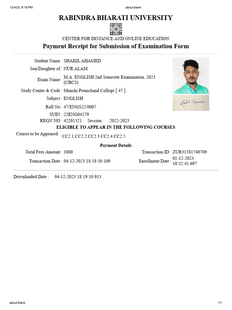 Payment Receipt for M.A. English Exam | PDF