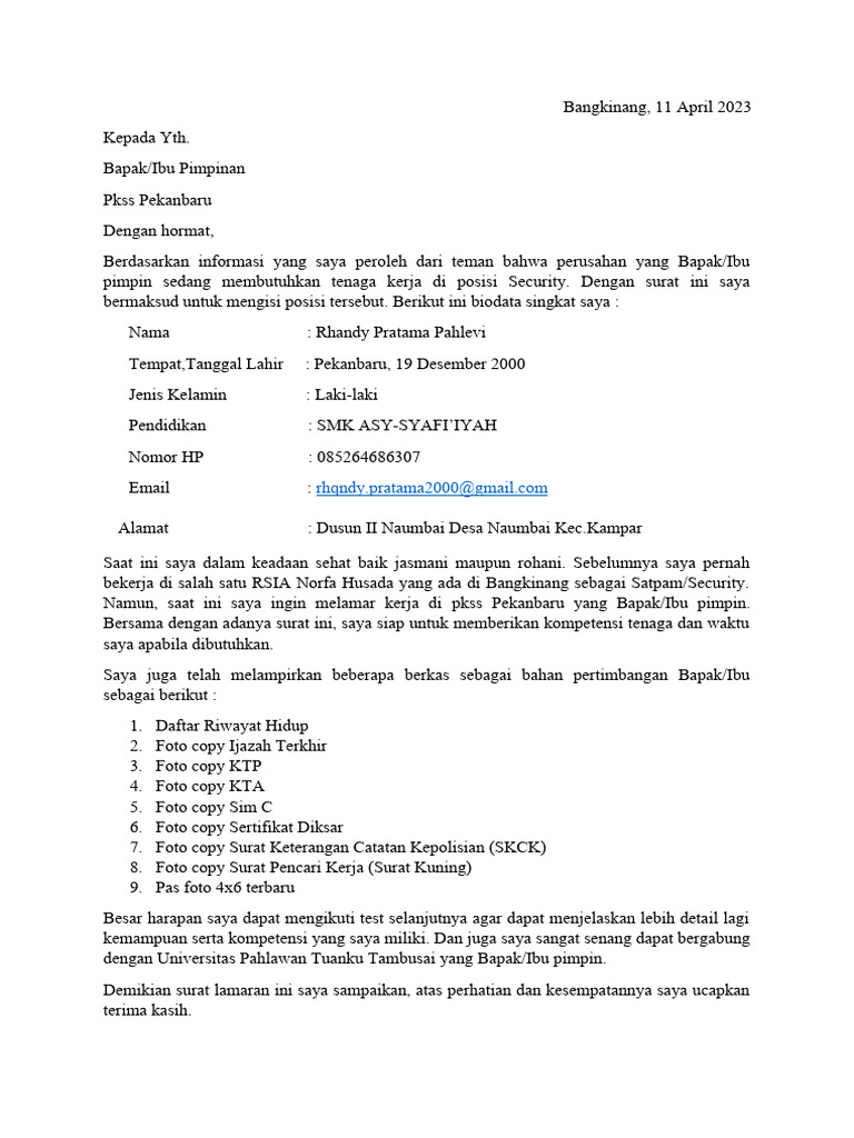 Surat Lamaran Kerja Rhandy Pahlevi | PDF