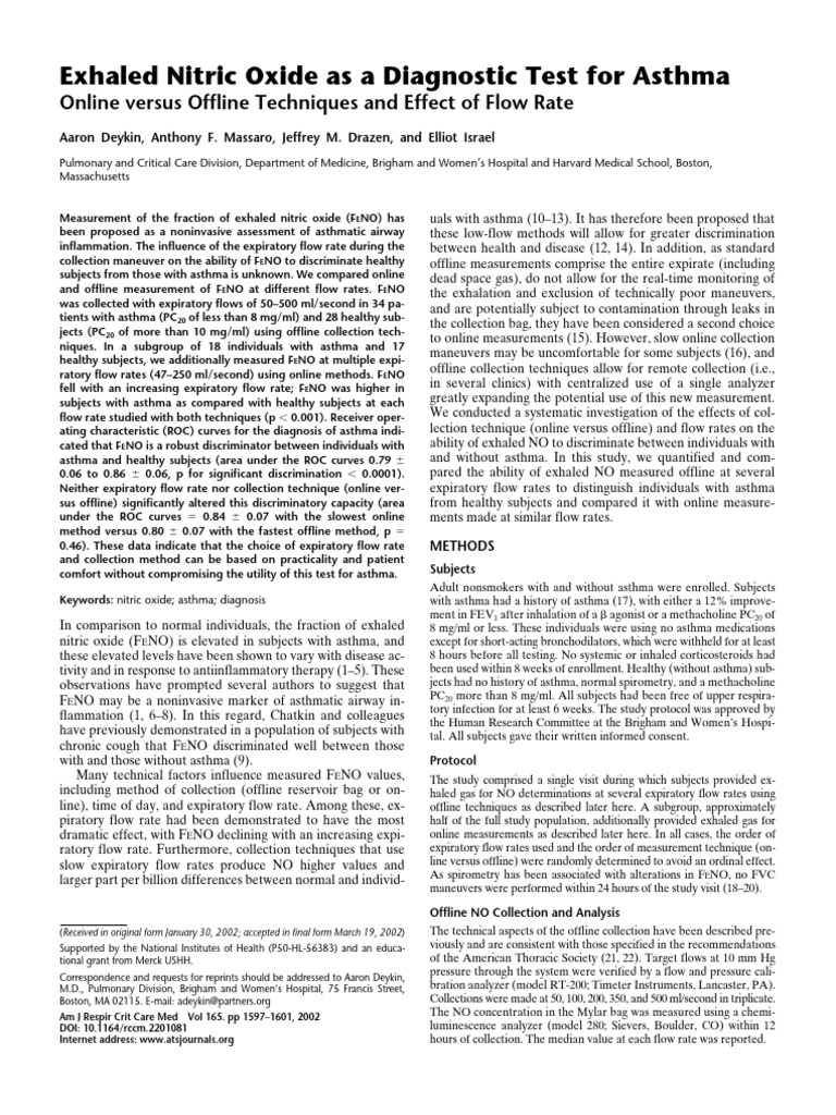 Exhaled Nitric Oxide As A Diagnostic Tes | PDF | Receiver Operating ...