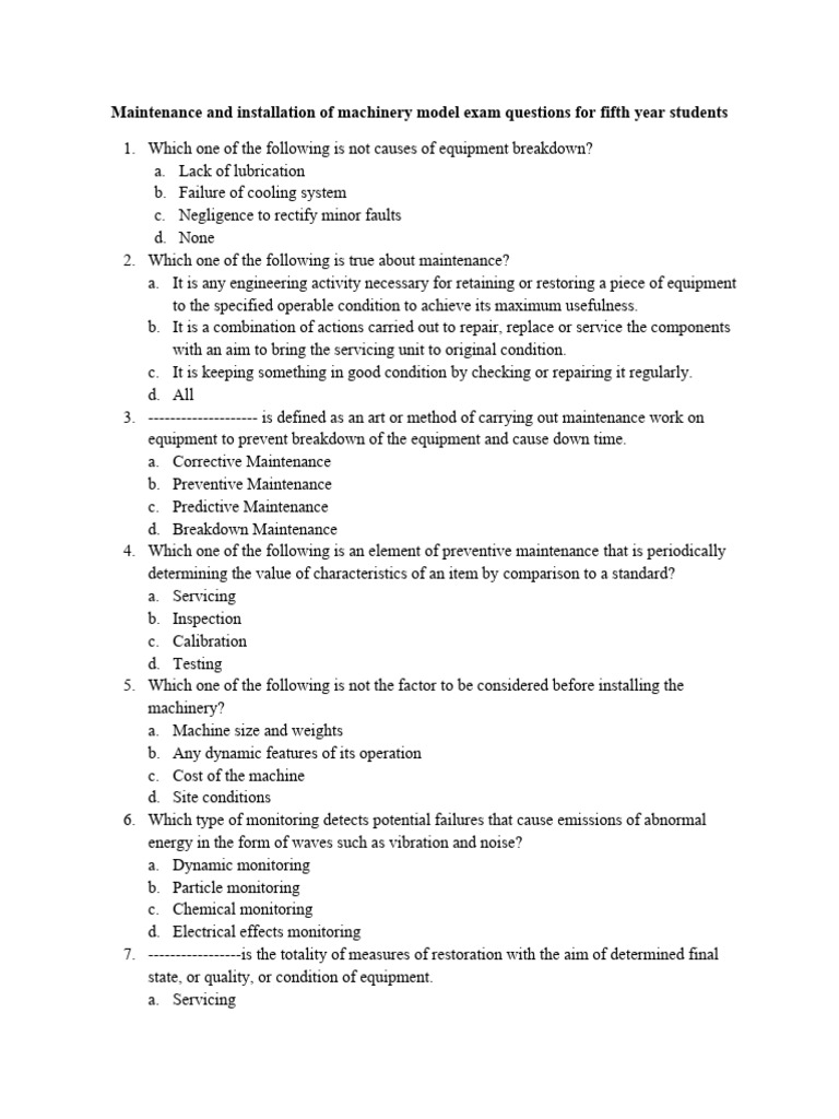 Maintenance and Installation of Machinery Model Exam | PDF ...