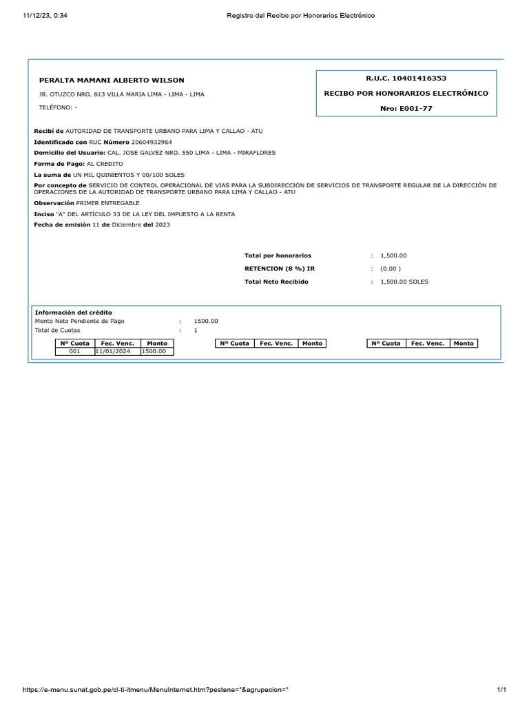 Recibo Honorarios Electrónico ATU 2023 | PDF