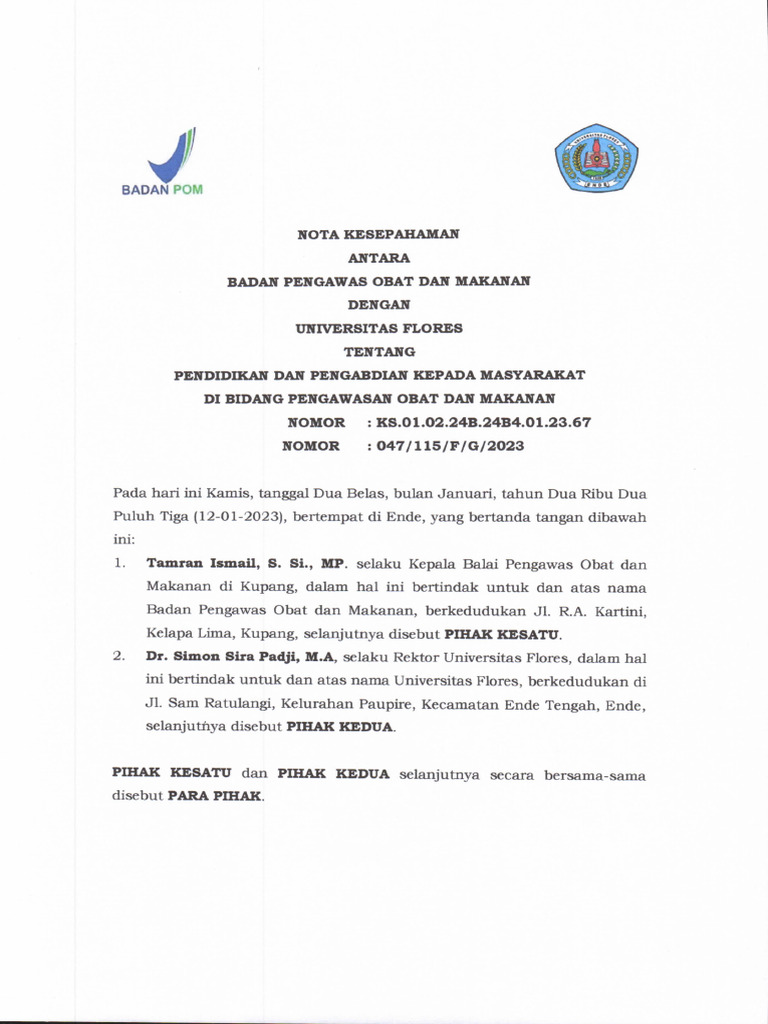 MoU Universitas Flores TTD (12!01!2023) | PDF