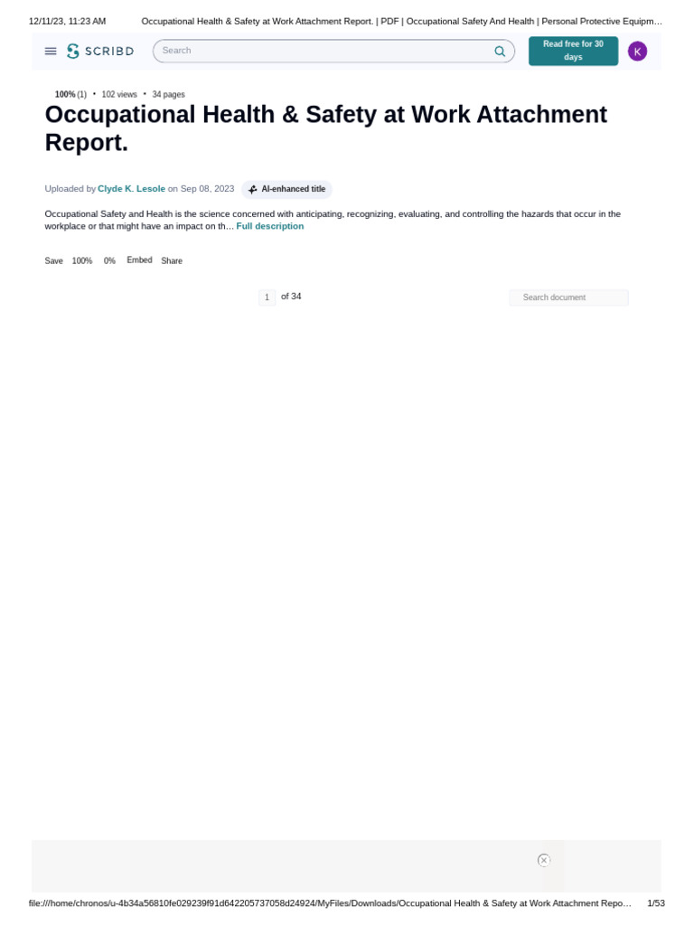 Occupational Health & Safety at Work Attachment Report. - PDF ...