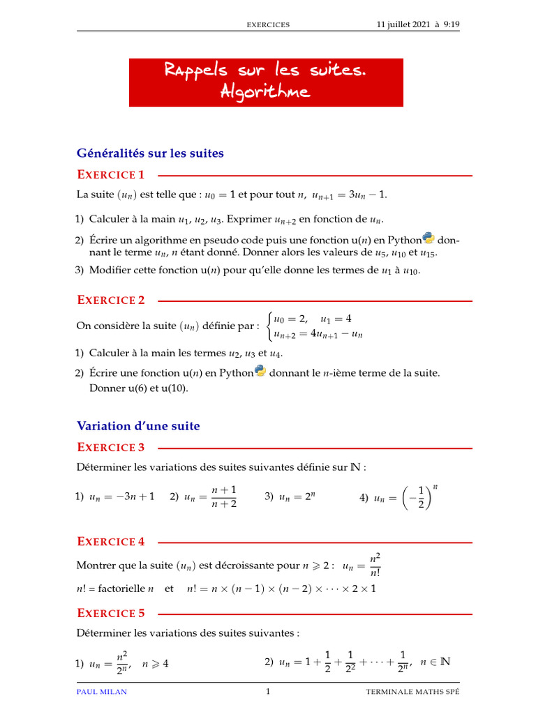 01 Exos Rappels Suites. Algorithme | PDF | Mathématiques appliqués ...