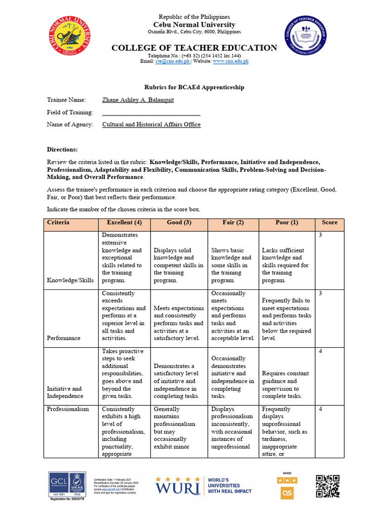 Balanquit-Rating Sheet | PDF | Rubric (Academic) | Communication