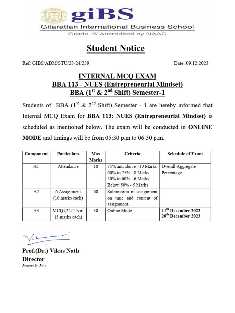 BBA Semester 1 Online MCQ Exam Notice | PDF