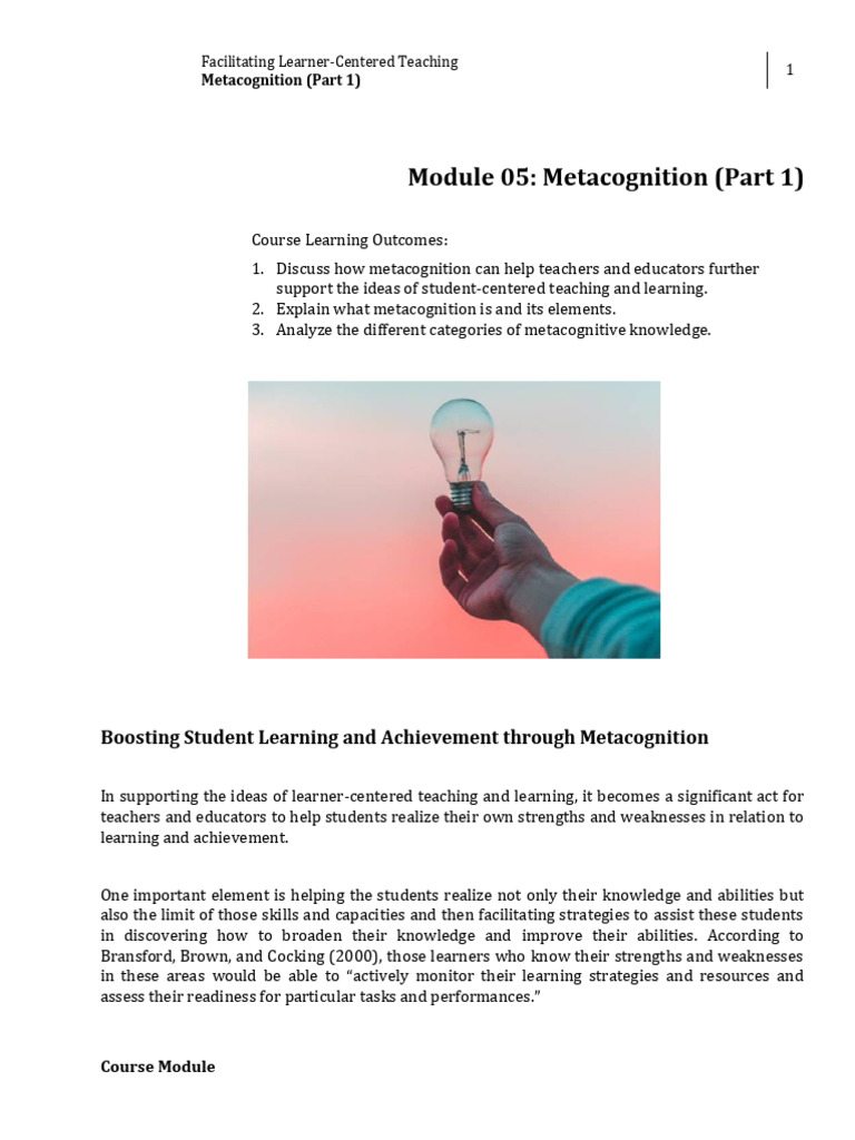 Week 6 - Metacognition (Part 1) | PDF | Metacognition | Learning