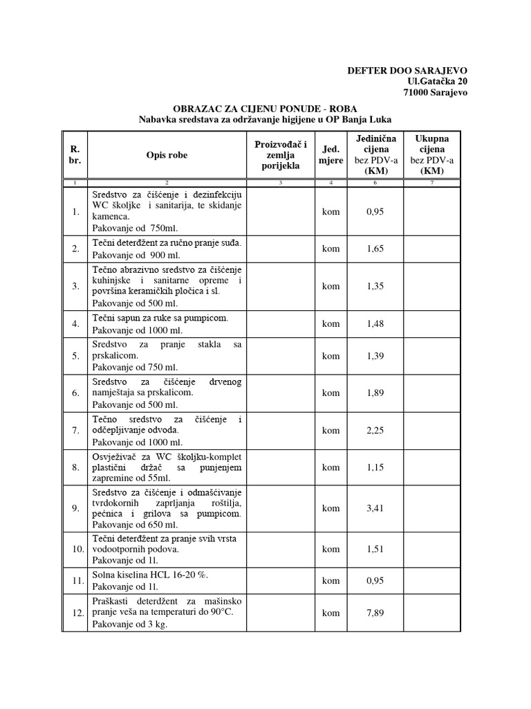 Obrazac Za Cijenu Ponude - Higijena - Op Banja Luka - Količine | PDF