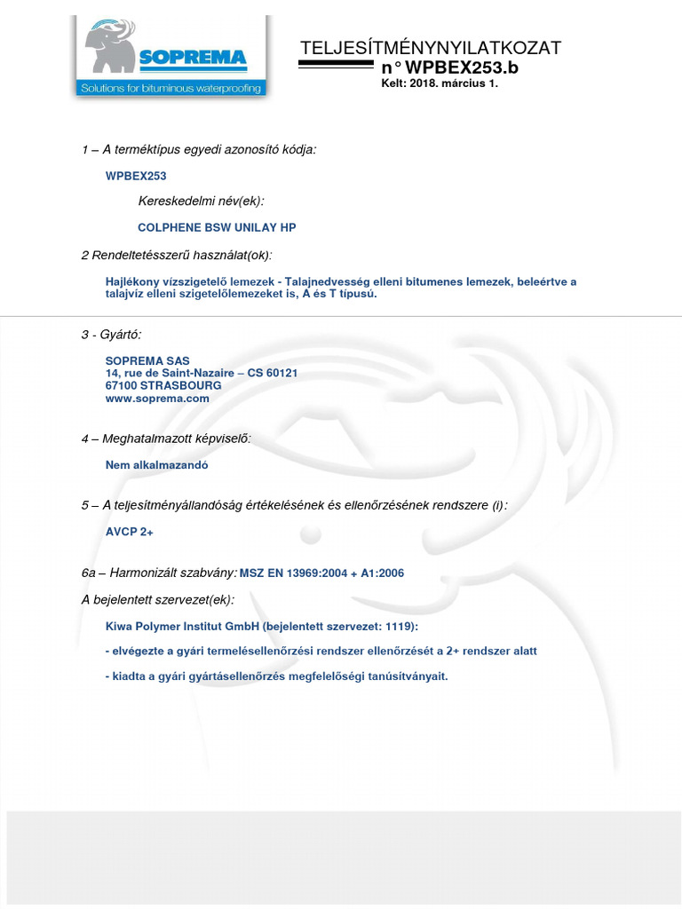 COLPHENE BSW UNILAY HP Teljesítmény Nyilatkozat | PDF