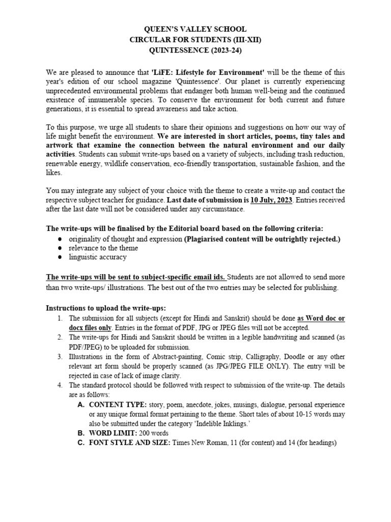 Circular For School Magazine (III-xii) 2023-24 | PDF