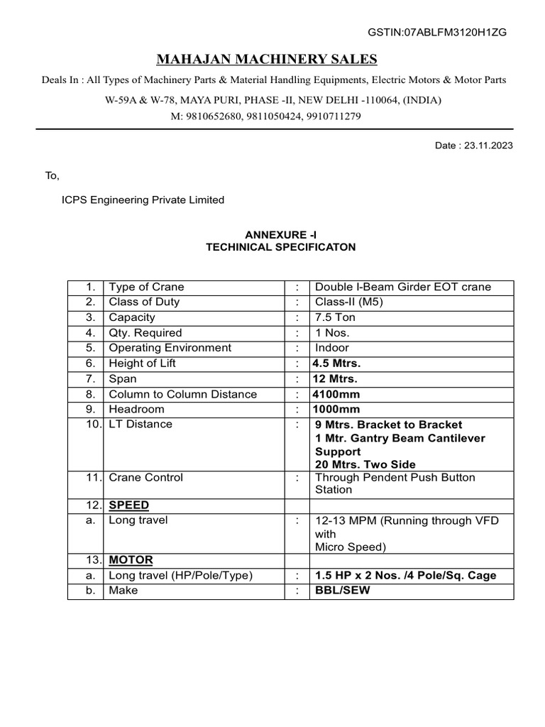 Gantry Quote Format | PDF | Crane (Machine) | Bearing (Mechanical)