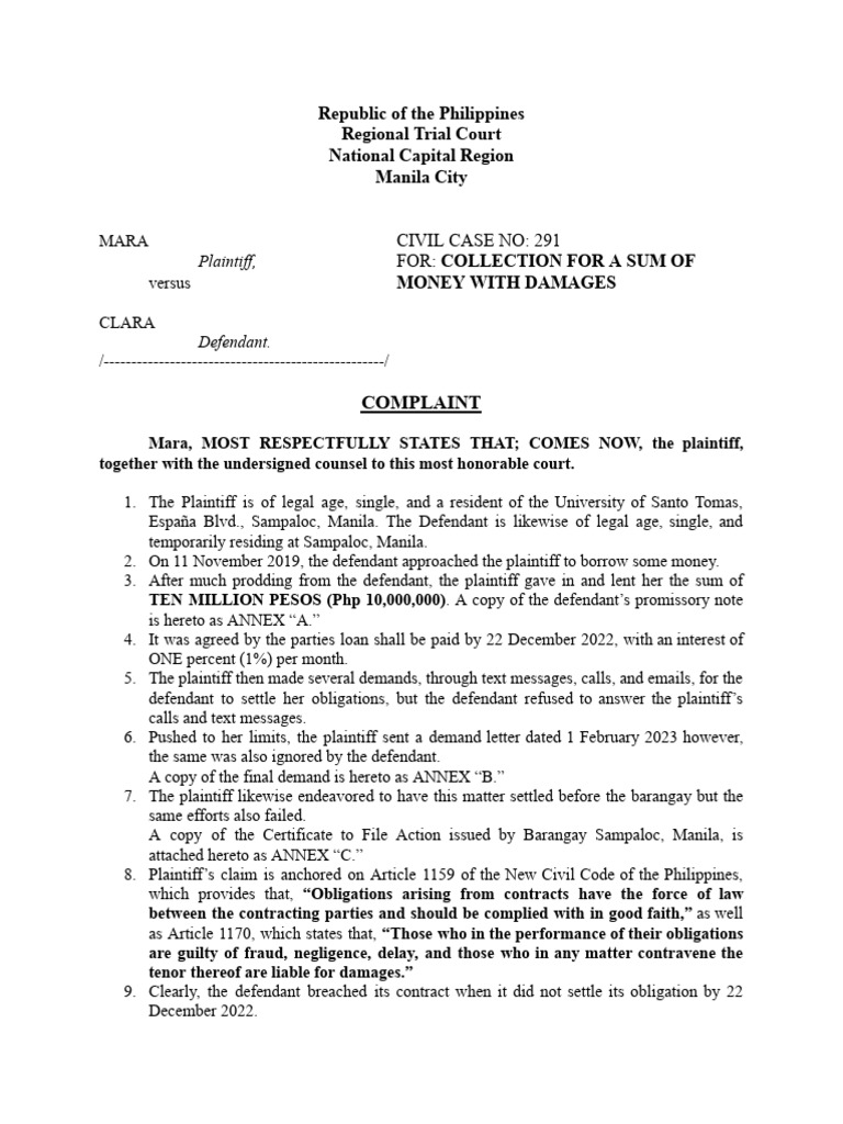 Complaint Sample (Assignment) | PDF | Complaint | Damages