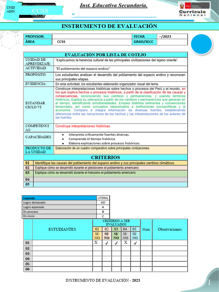 Cotejos 1° CCSS Semana 02 Uni 3 | PDF | Evaluación