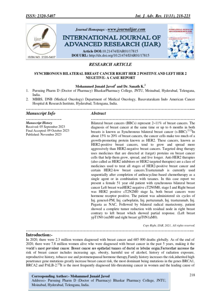 Synchronous Bilateral Breast Cancer Right Her 2 Positive and Left Her 2 ...