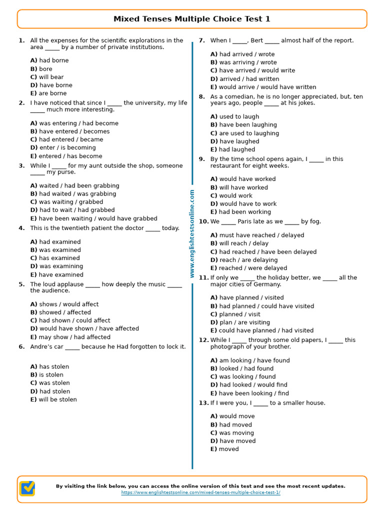 1834 Mixed Tenses Multiple Choice Test 1 | PDF