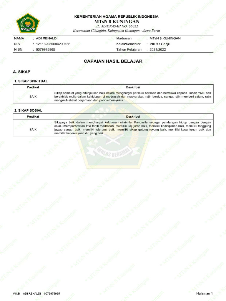 RDM - Rapor VIII.B - ADI RENALDI - 0079975965 Ganjil | PDF