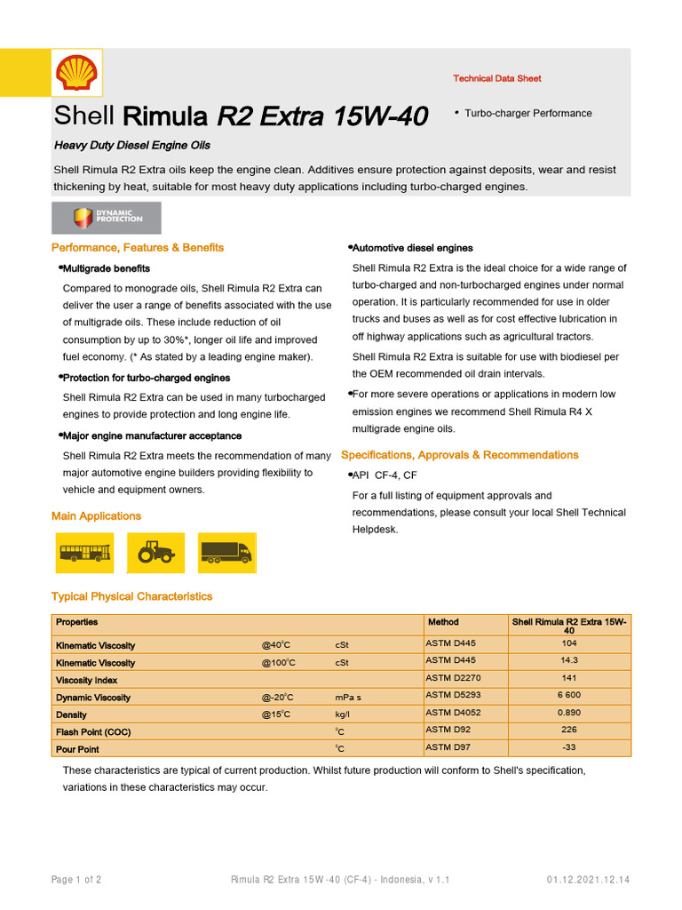 TDS - Shell - Rimula R2 Extra 15W-40 CF4 | PDF