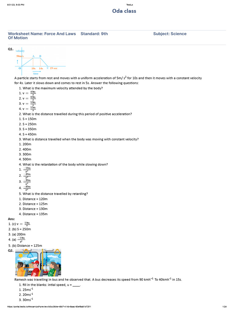 Motion and Force and Laws of Motion Worksheet Answers | PDF