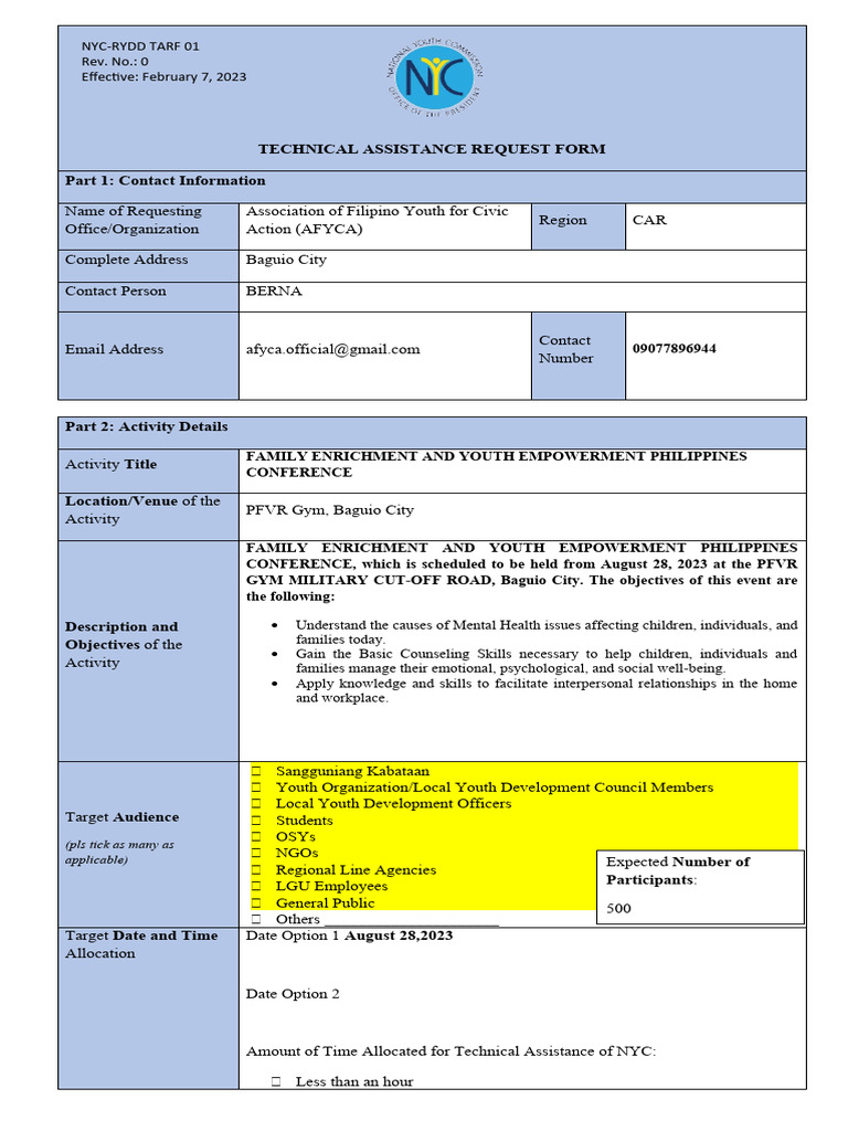 TECHNICAL ASSISTANCE REQUEST FORM AFYCA | PDF