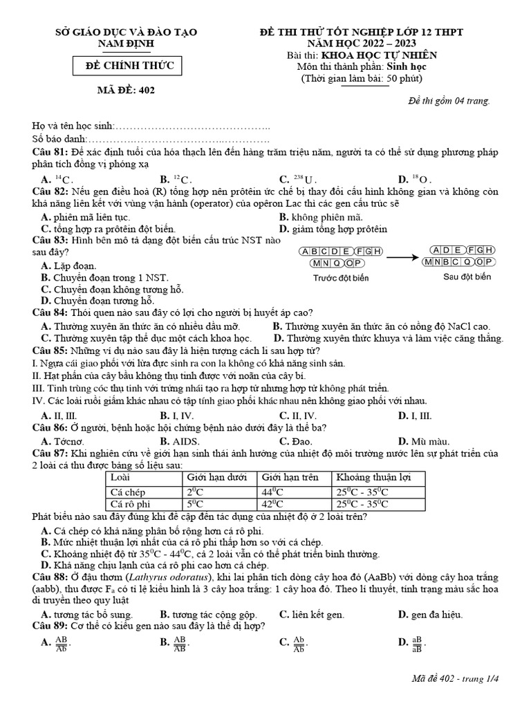 De Thi Thu Tot Nghiep THPT 2023 Mon Sinh Hoc So GDDT Nam Dinh | PDF
